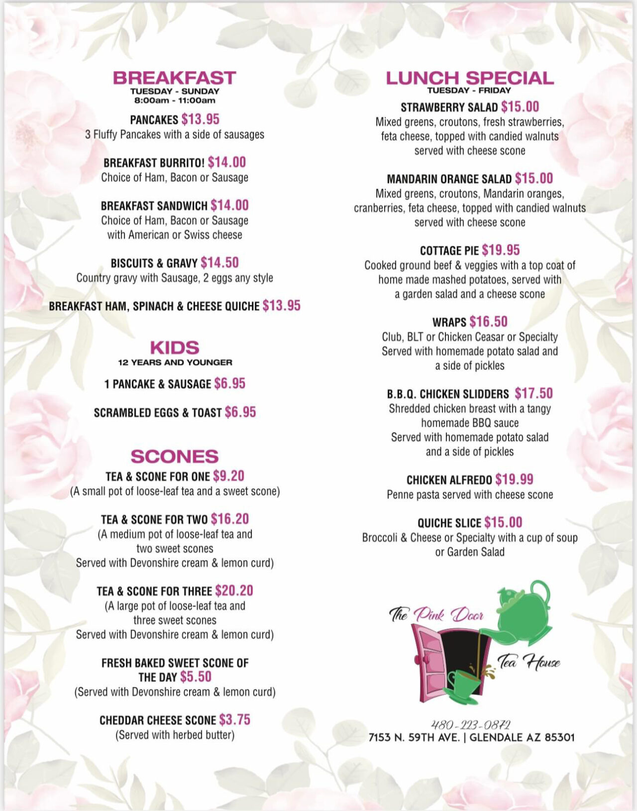 Menu - Breakfast-Lunch-Scones - The Pink Door Tea House