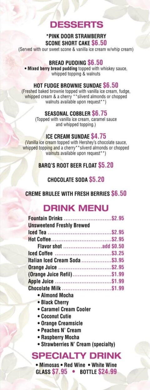 Menu - Desserts - Drinks - The Pink Door Tea House